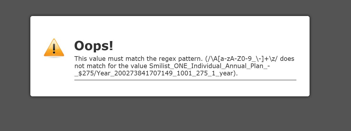 Stripe Integration Showing Regex Pattern Error Message